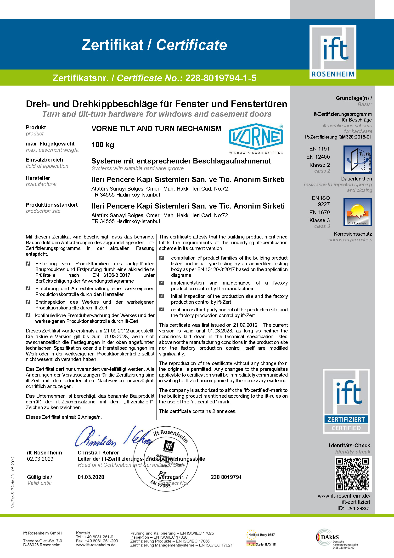 Сертифікати | Віконні та дверні системи Vorne